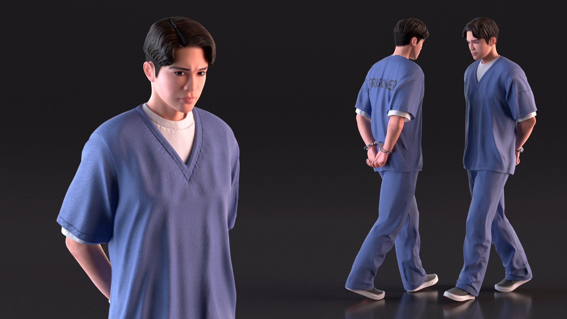 Asian Prisoner Blue Uniform In Handcuffs 3D Model - TurboSquid 2363211