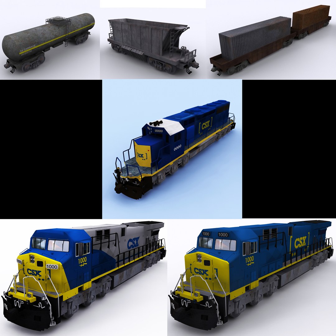 3D model CSX EMD and GE locomotives with coal oil and container ...