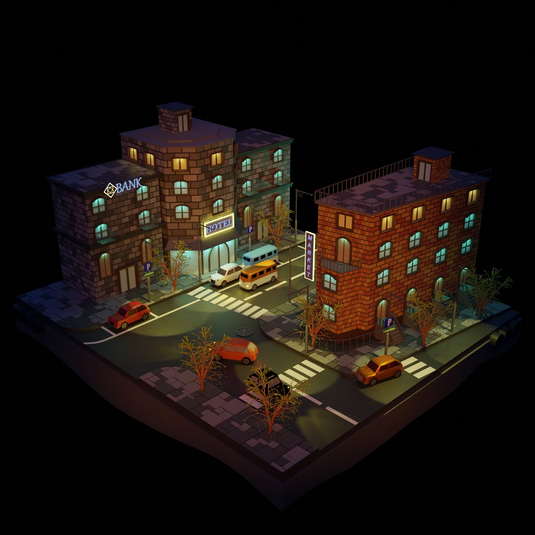3D Cartoon City Square At Night Street Low Poly - TurboSquid 2052323