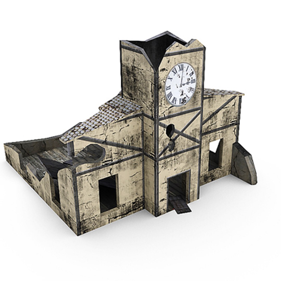 Ruined Building Clock Tower 3d Model