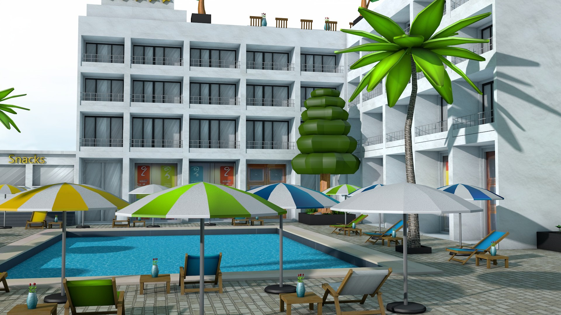 Low Poly Hotel With Pool - 3D Cartoon Style Model 3D - TurboSquid 2277461