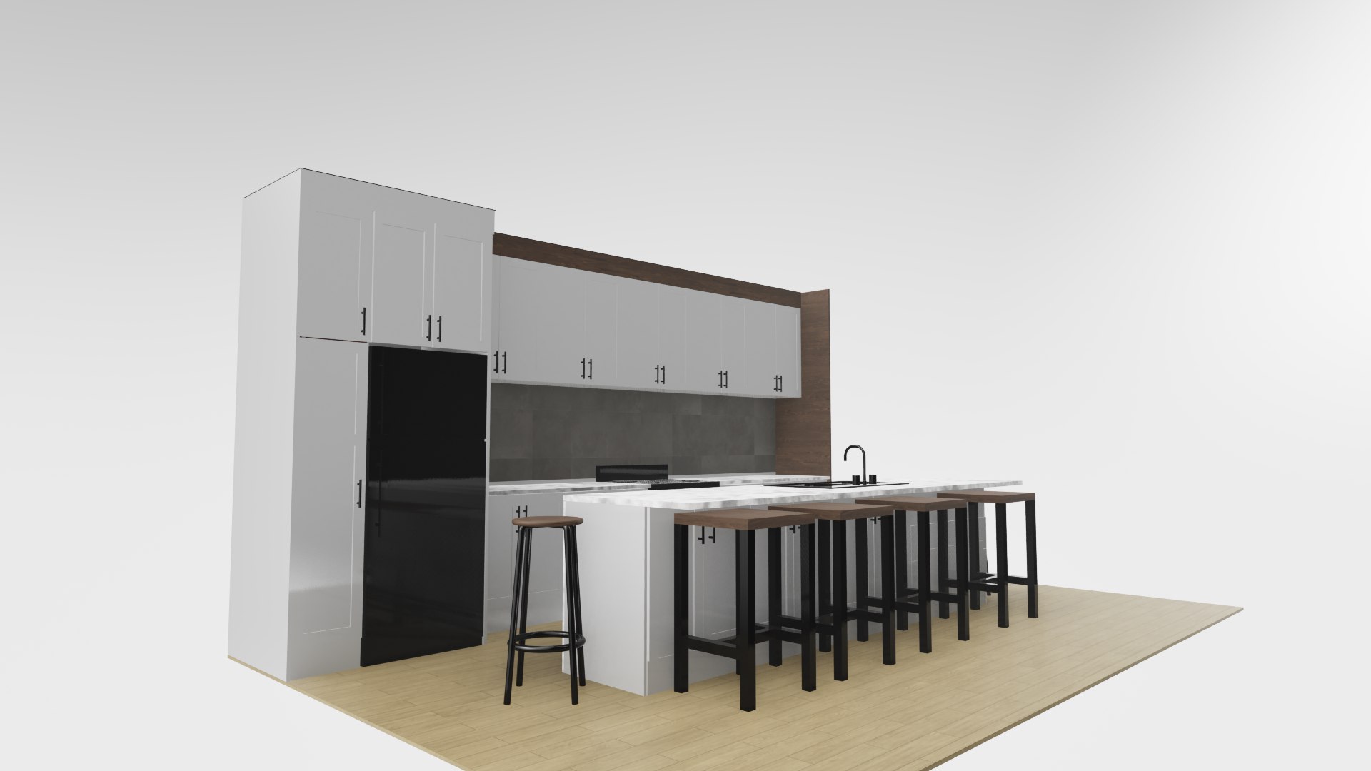 Contemporary White And Wood Kitchen Design With Island And Bar Stools ...