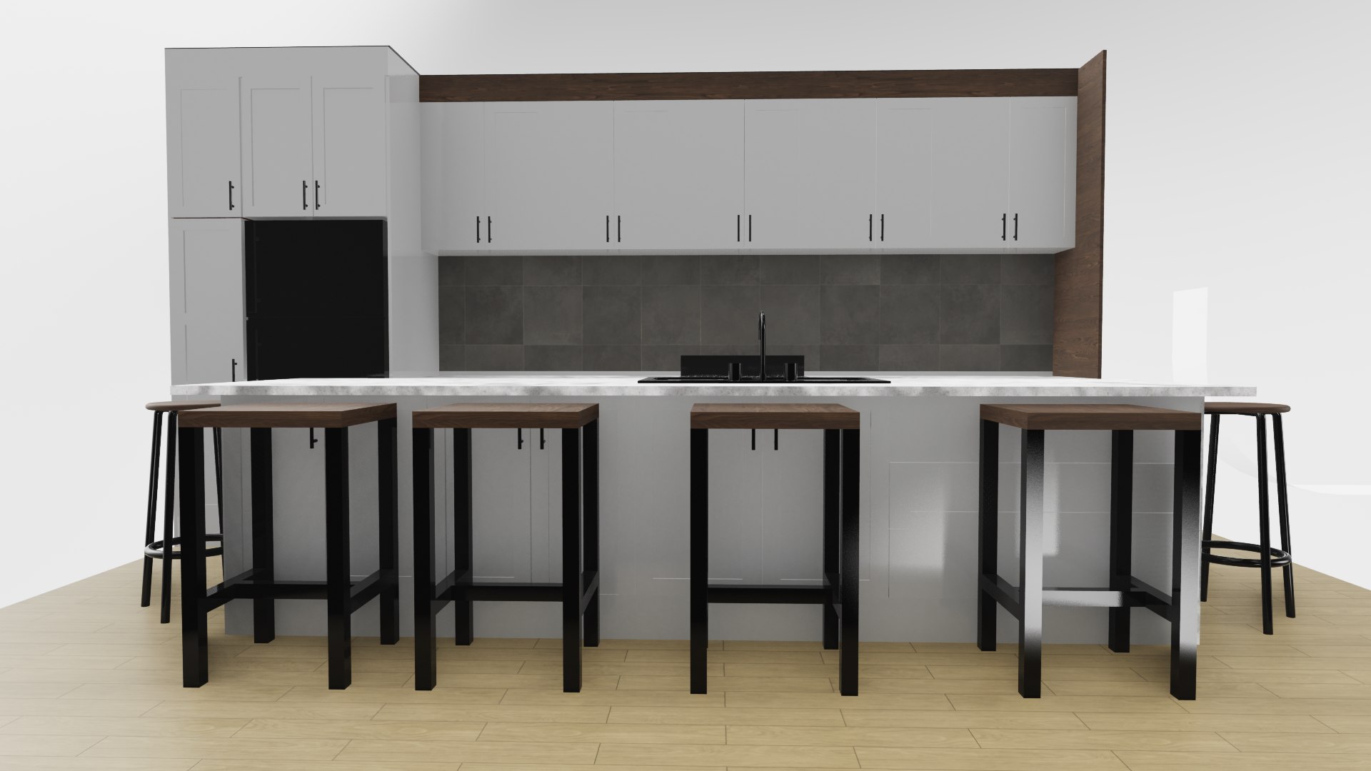 Contemporary White And Wood Kitchen Design With Island And Bar Stools ...