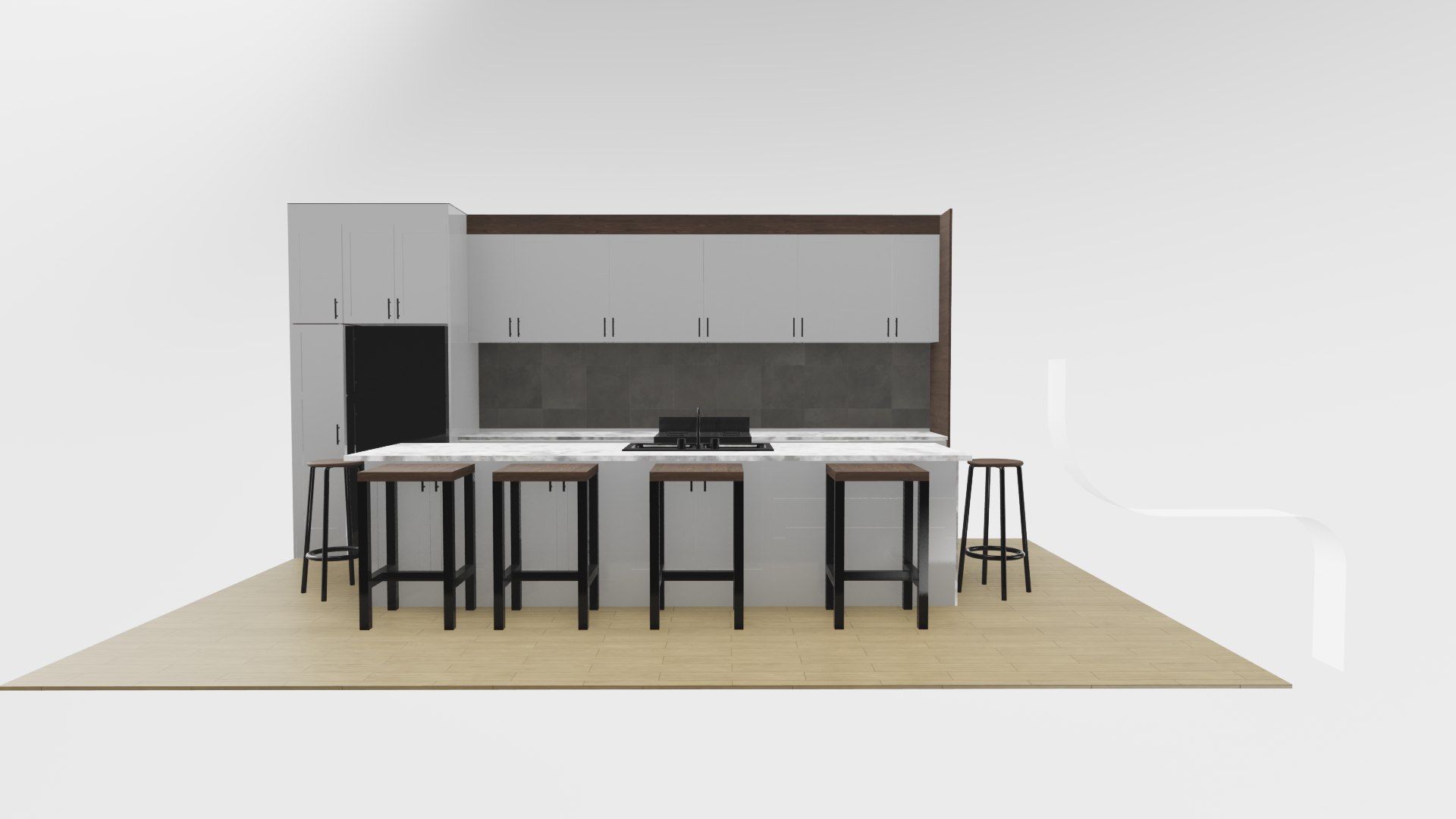 Contemporary White And Wood Kitchen Design With Island And Bar Stools ...