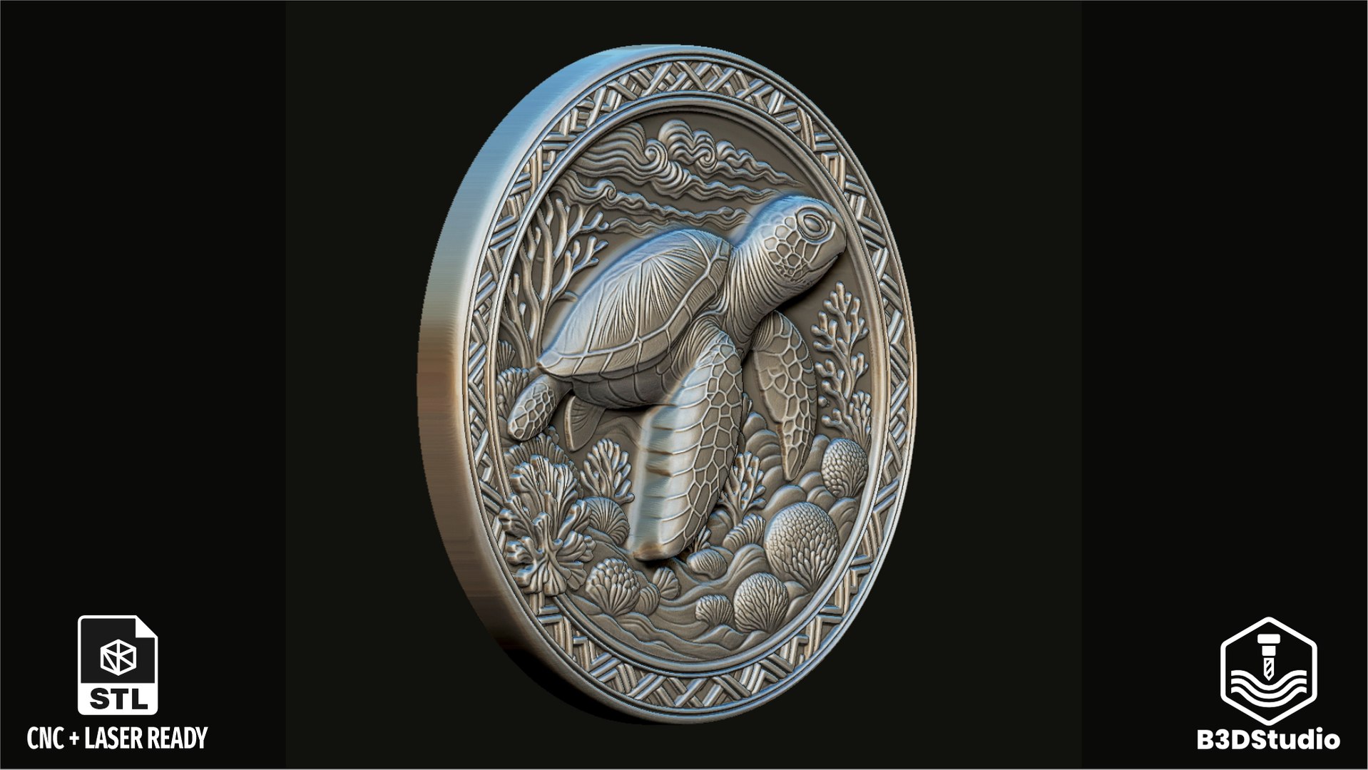 High Detail Sea Turtle Relief For CNC Laser And 3D Print STL File And 4K Grayscale TIF 3D Model ...