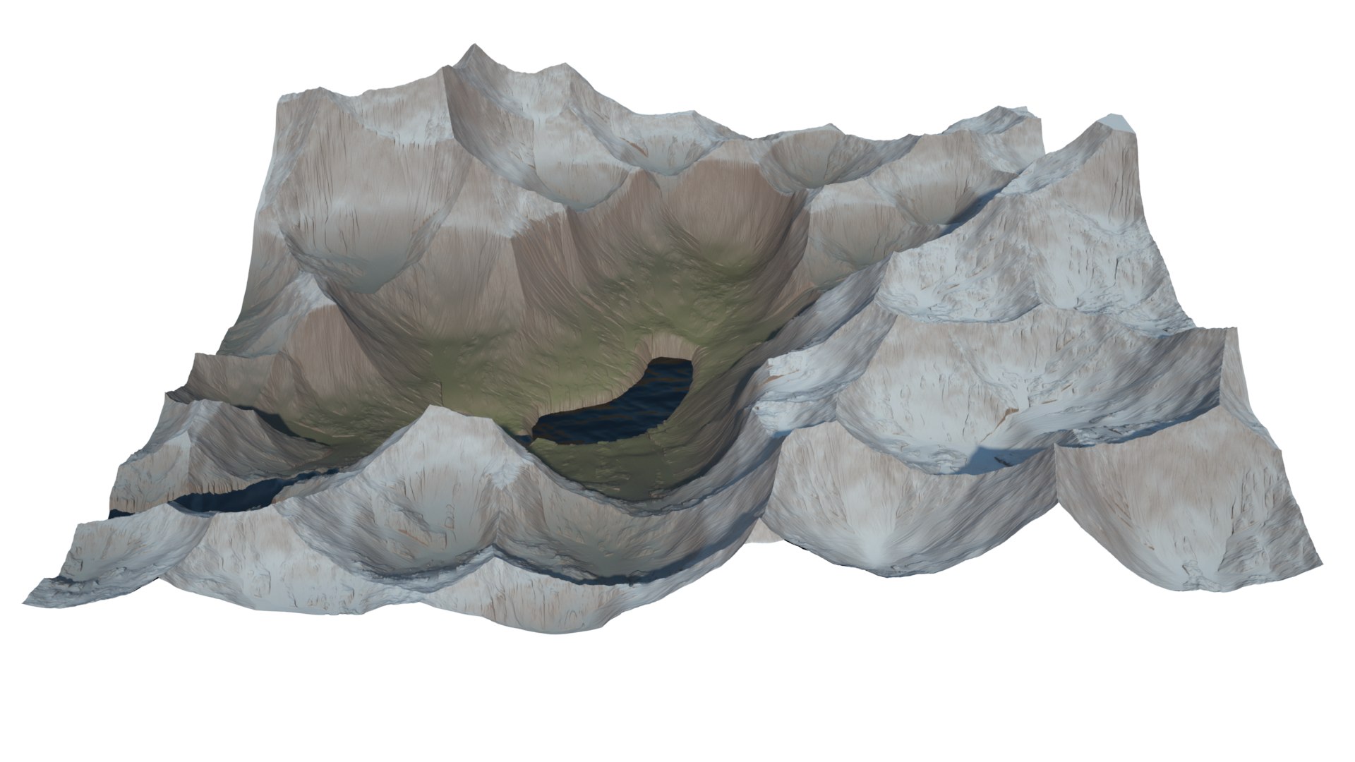 3D Cartoon mountain terrain with a body of water and river model ...
