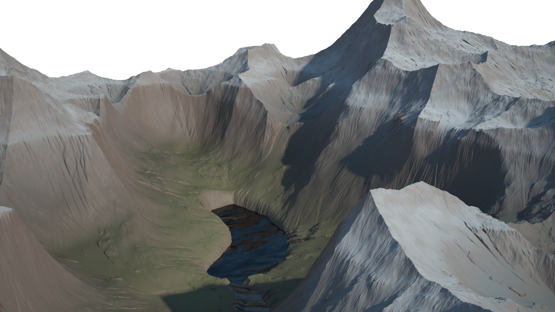 3D Cartoon mountain terrain with a body of water and river model ...