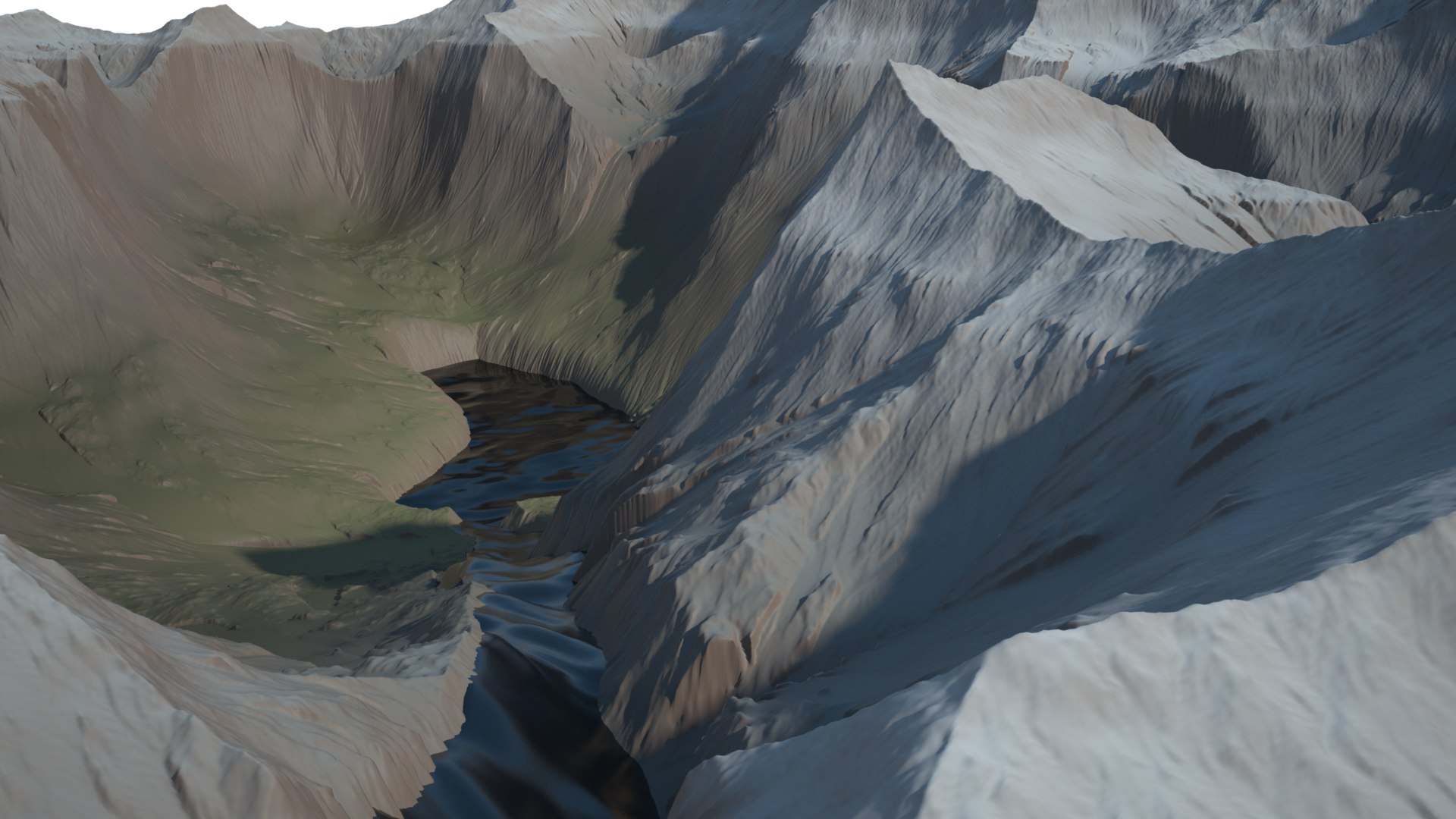 3D Cartoon mountain terrain with a body of water and river model ...