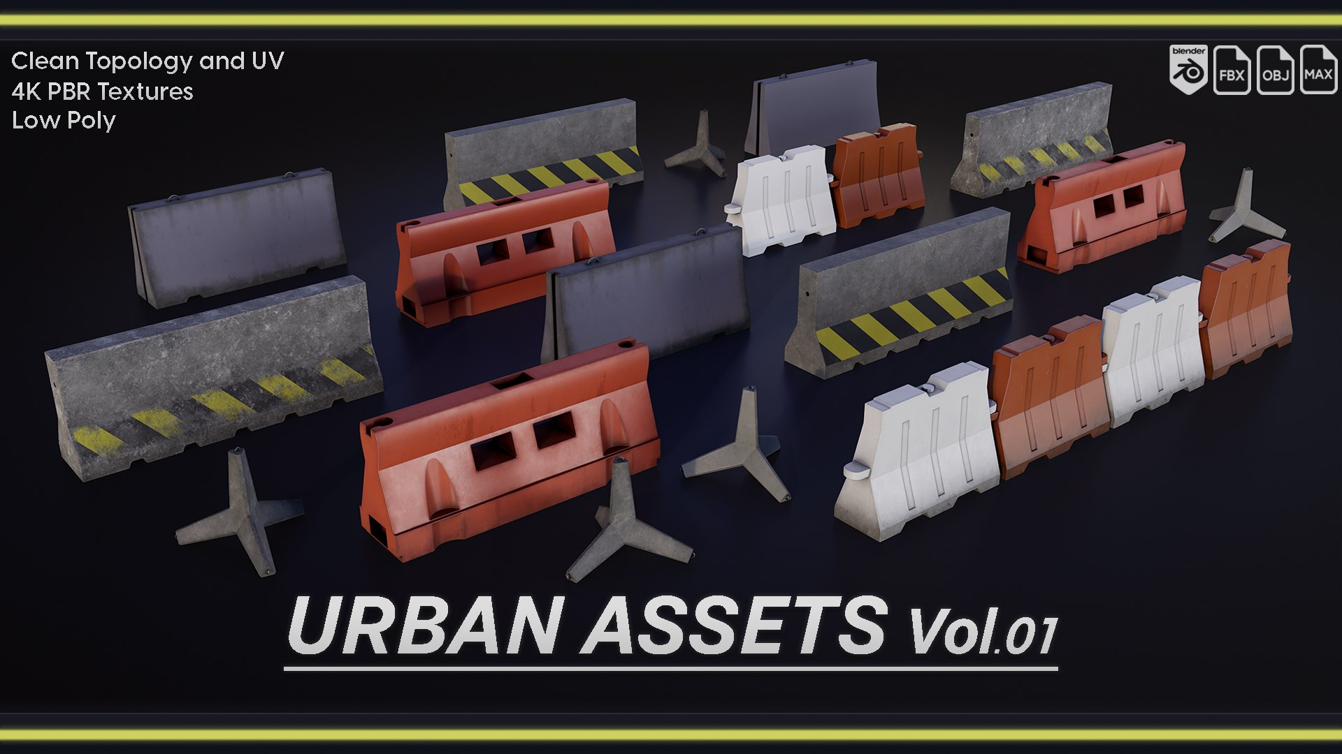 3D Low Poly Urban Assets Vol01 5BarriersTextureVariations model ...