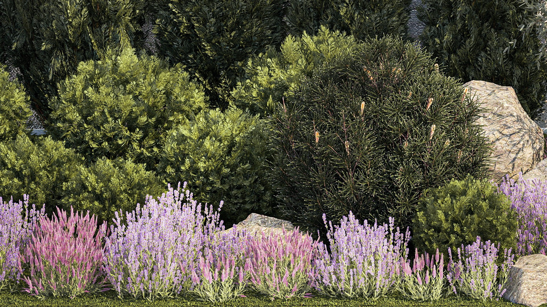 3D Garden With Alpine Slide Bushes Of Thuja And Lavender 1265 Model ...