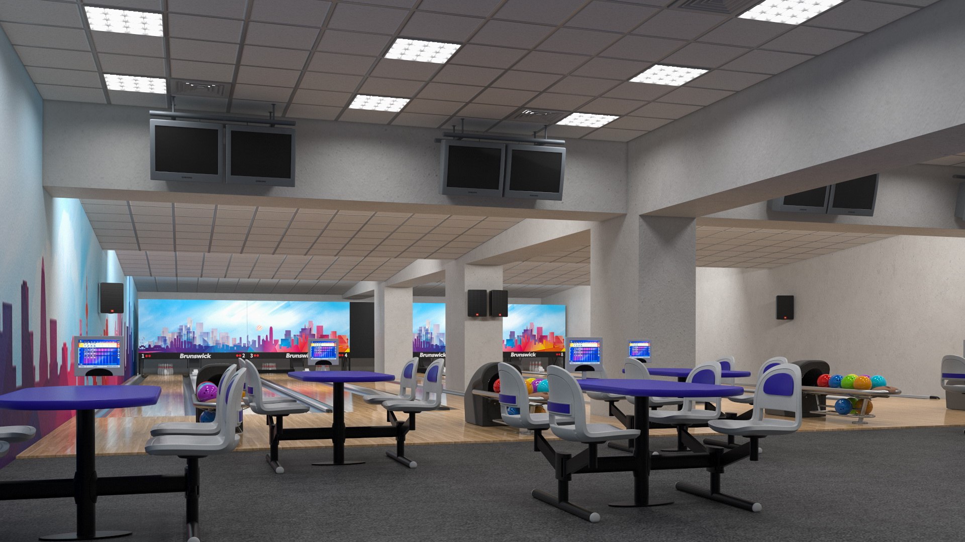 3D model Bowling Center Interior with Furniture - TurboSquid 1992617