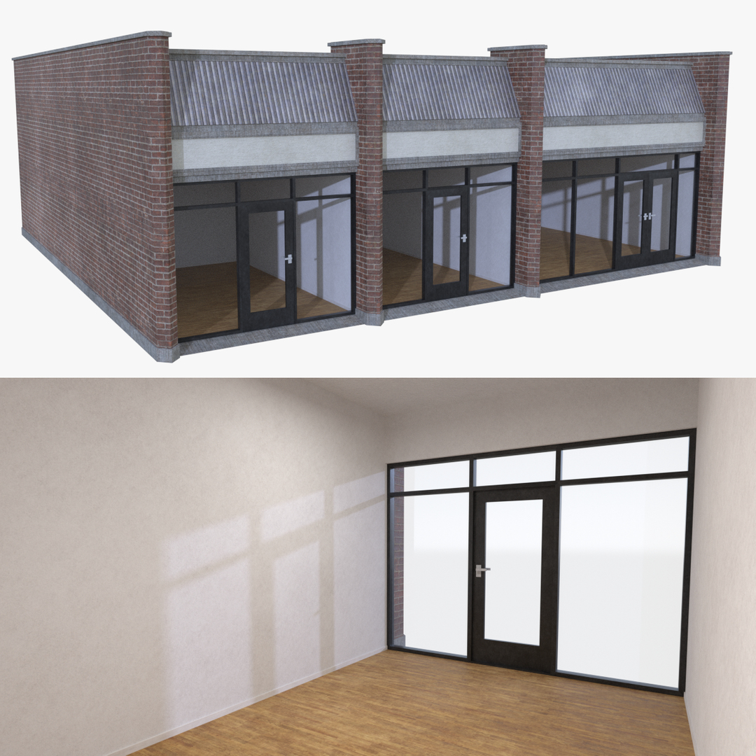 3d model of strip mall store units