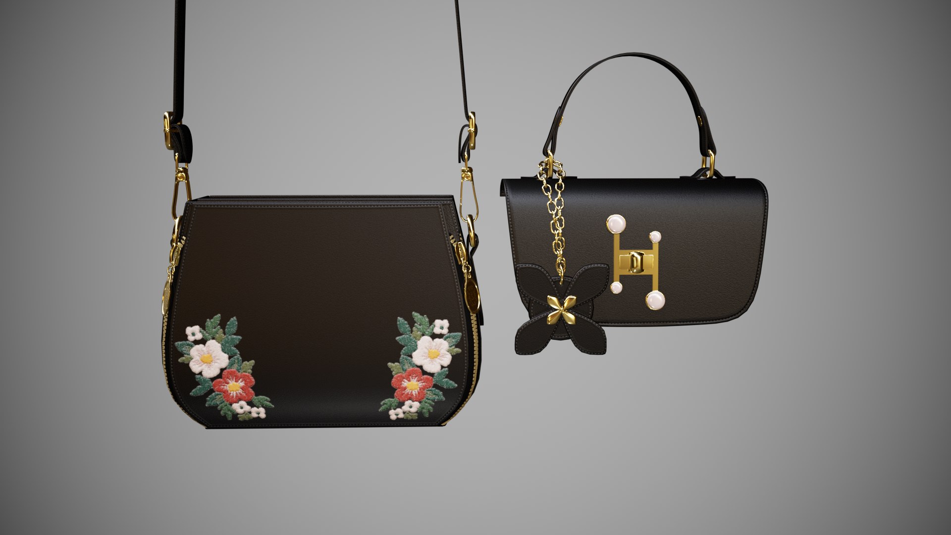 Flower Black handbag with flower embroidery model - TurboSquid 1905144