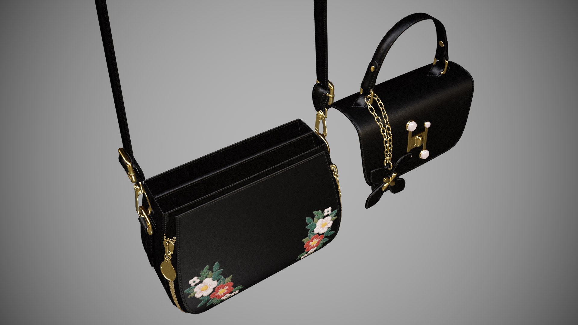 Flower Black handbag with flower embroidery model - TurboSquid 1905144