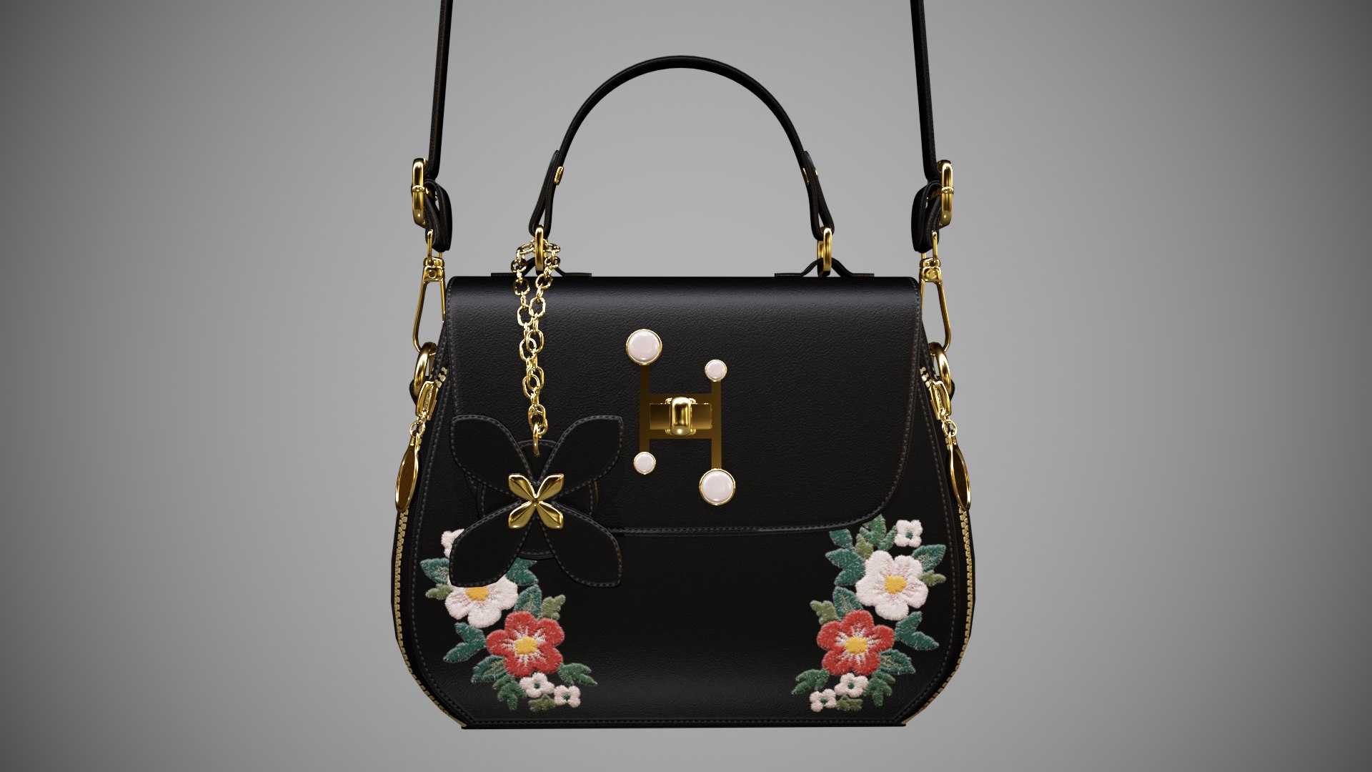 Flower Black handbag with flower embroidery model - TurboSquid 1905144
