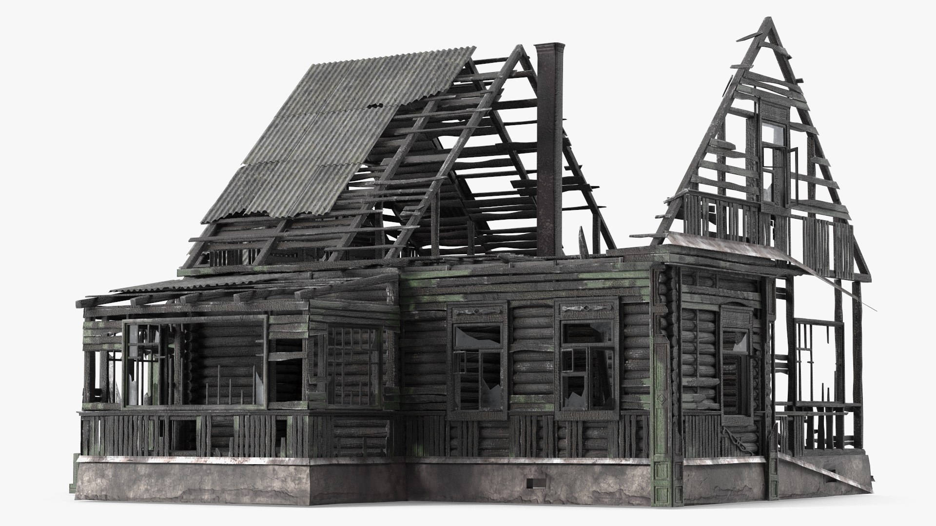 3D Burnt Wooden Down House Green model - TurboSquid 1859280