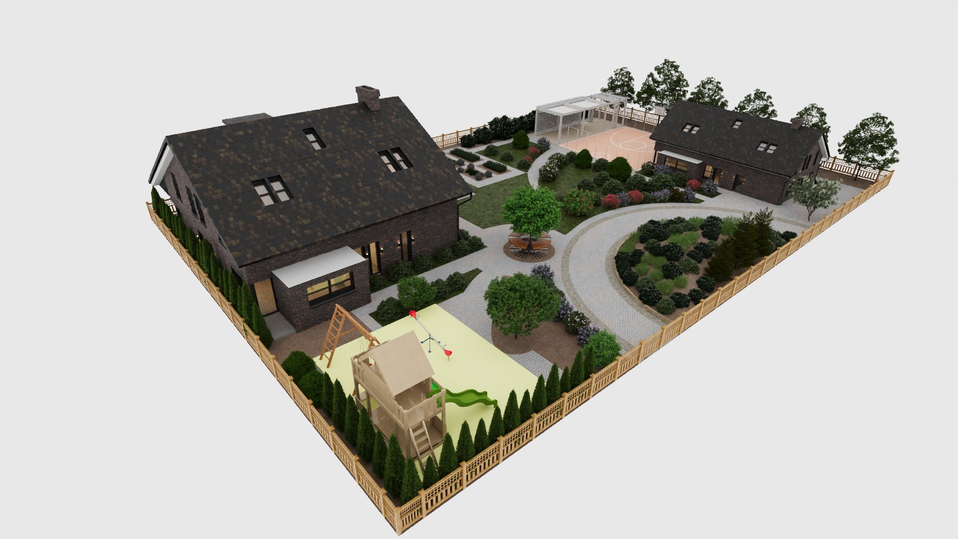 Highly Detailed 3d Scene Of Two Houses With Garden Landscape 3D Model ...