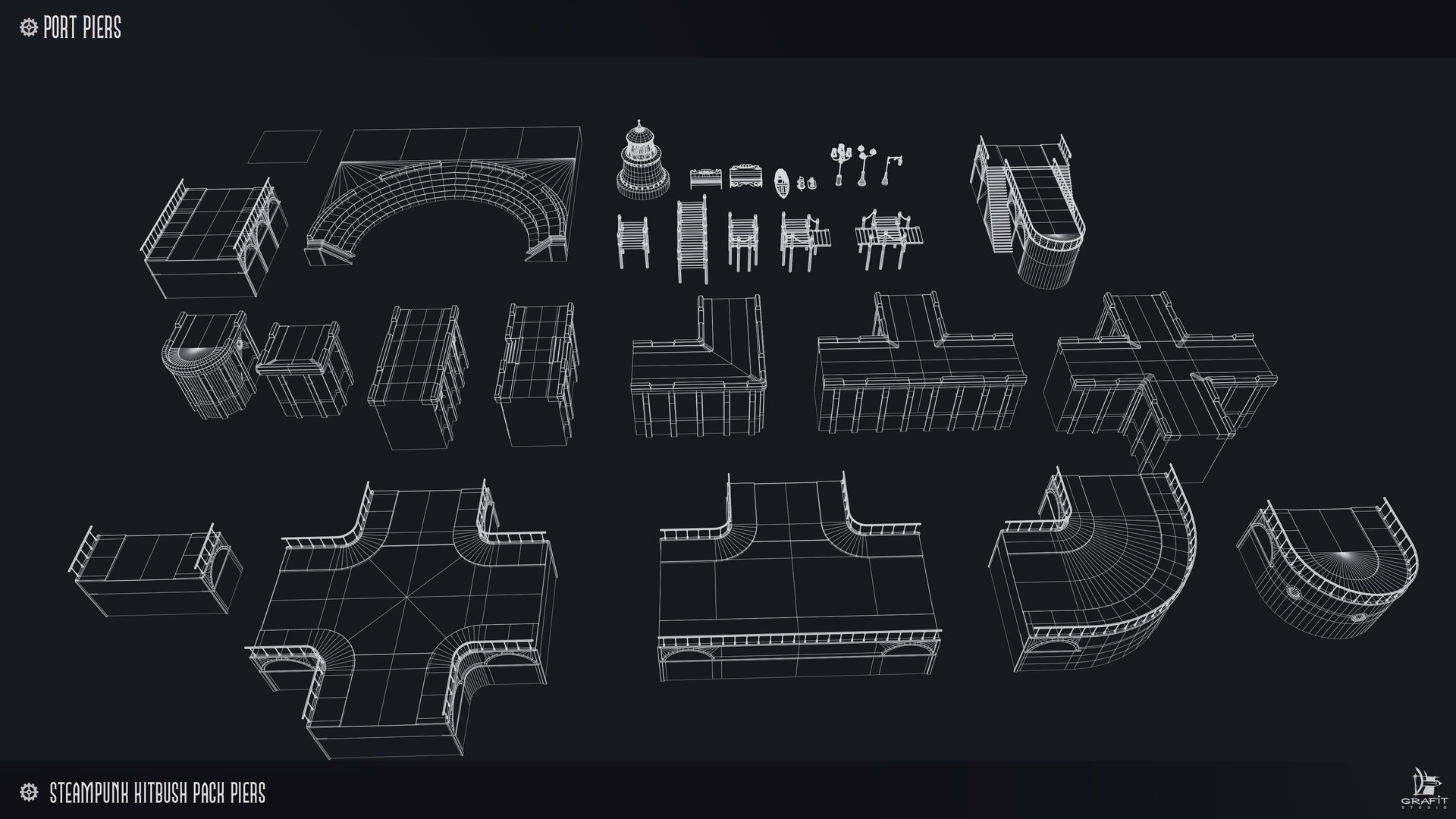 modelo 3d Paquete de modelos Steampunk Piers Game Ready Kitbash texturizado - TurboSquid 2115365