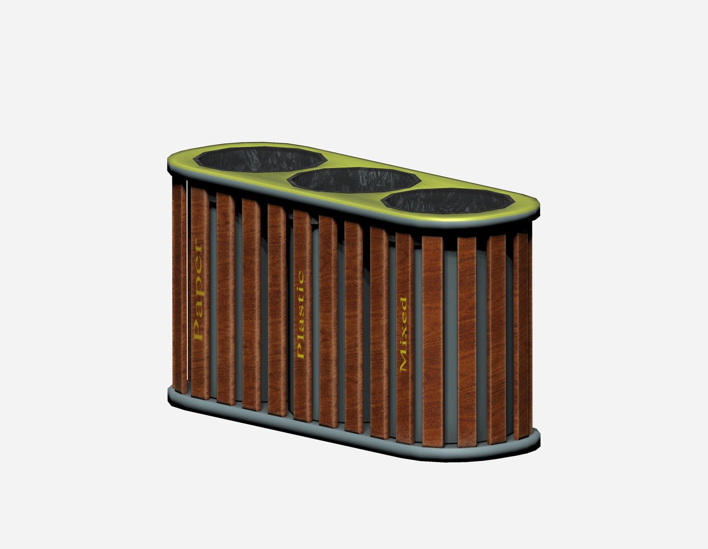 Triple Wooden And Metal Trash Can With Carrier Bag 3D Model ...