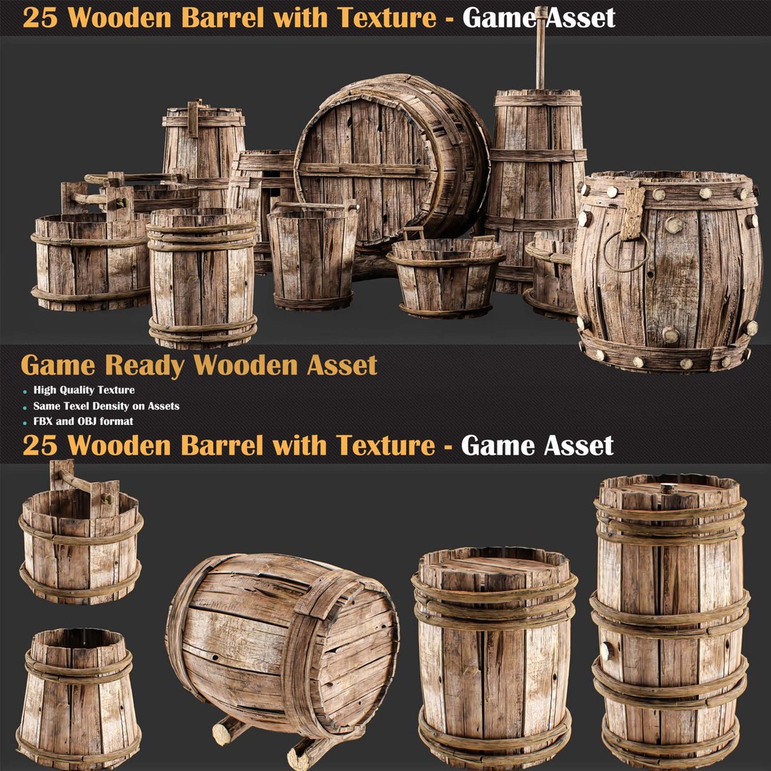 3D 25 Wooden Barrel With Texture - Game Asset - TurboSquid 2263255