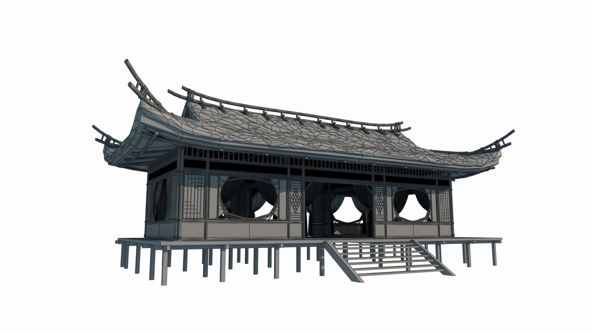 3D Ancient Asian Architecture Thatched Reception Hall Model ...