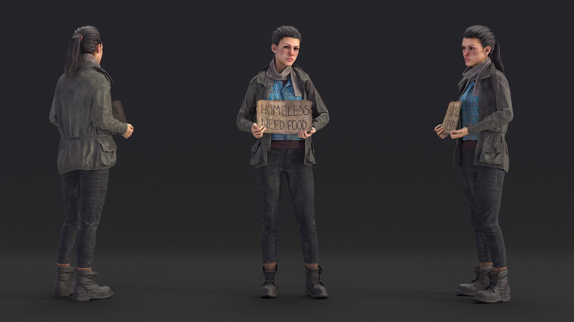 3D Homeless Woman With A Cardboard Sign Model - TurboSquid 2258148