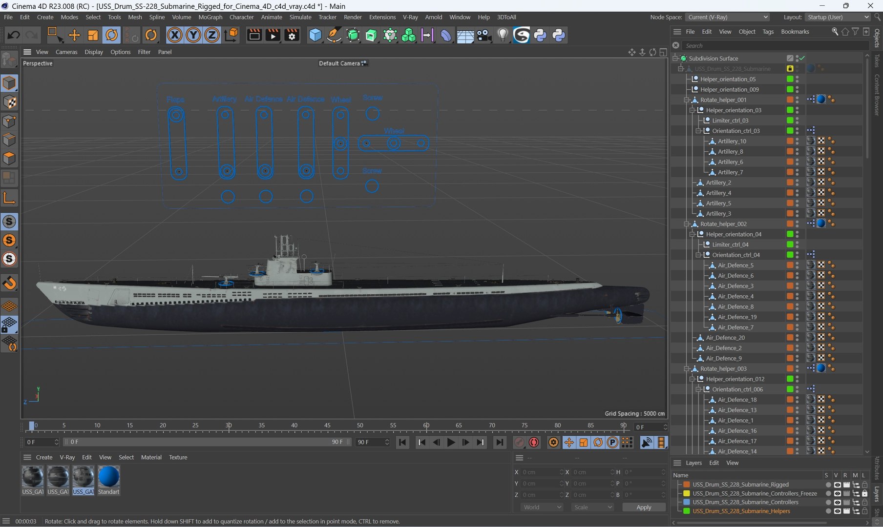 3D USS Drum SS-228 Submarine Rigged For Cinema 4D - TurboSquid 2505264