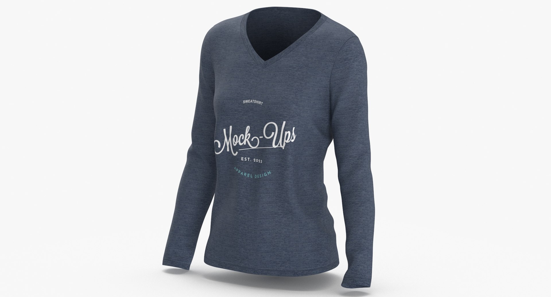 Long Sleeve Worn Female V Neck Pose 01 White Blank And Branded Heather ...