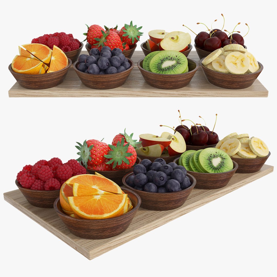 Fruit Slices And Berries In Wooden Bowls 3D Model - TurboSquid 2239886