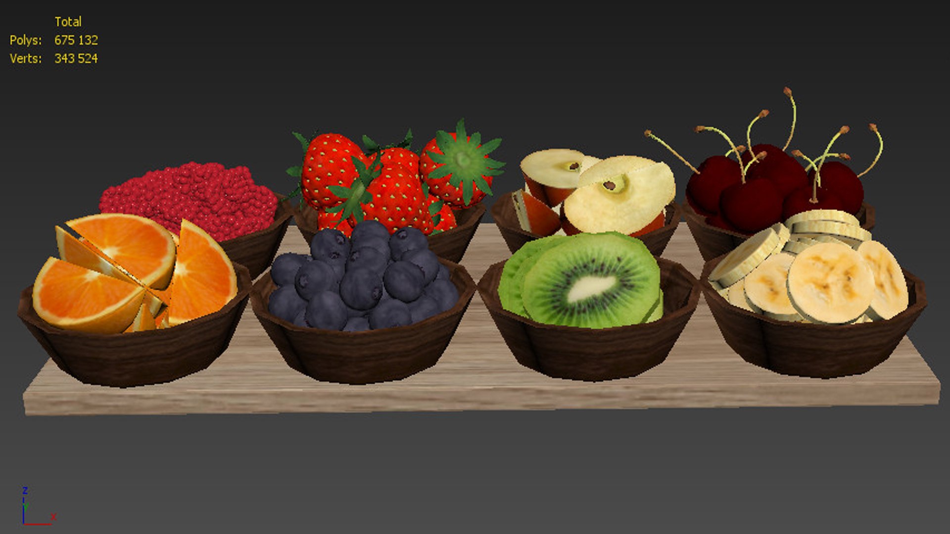 Fruit Slices And Berries In Wooden Bowls 3D Model - TurboSquid 2239886