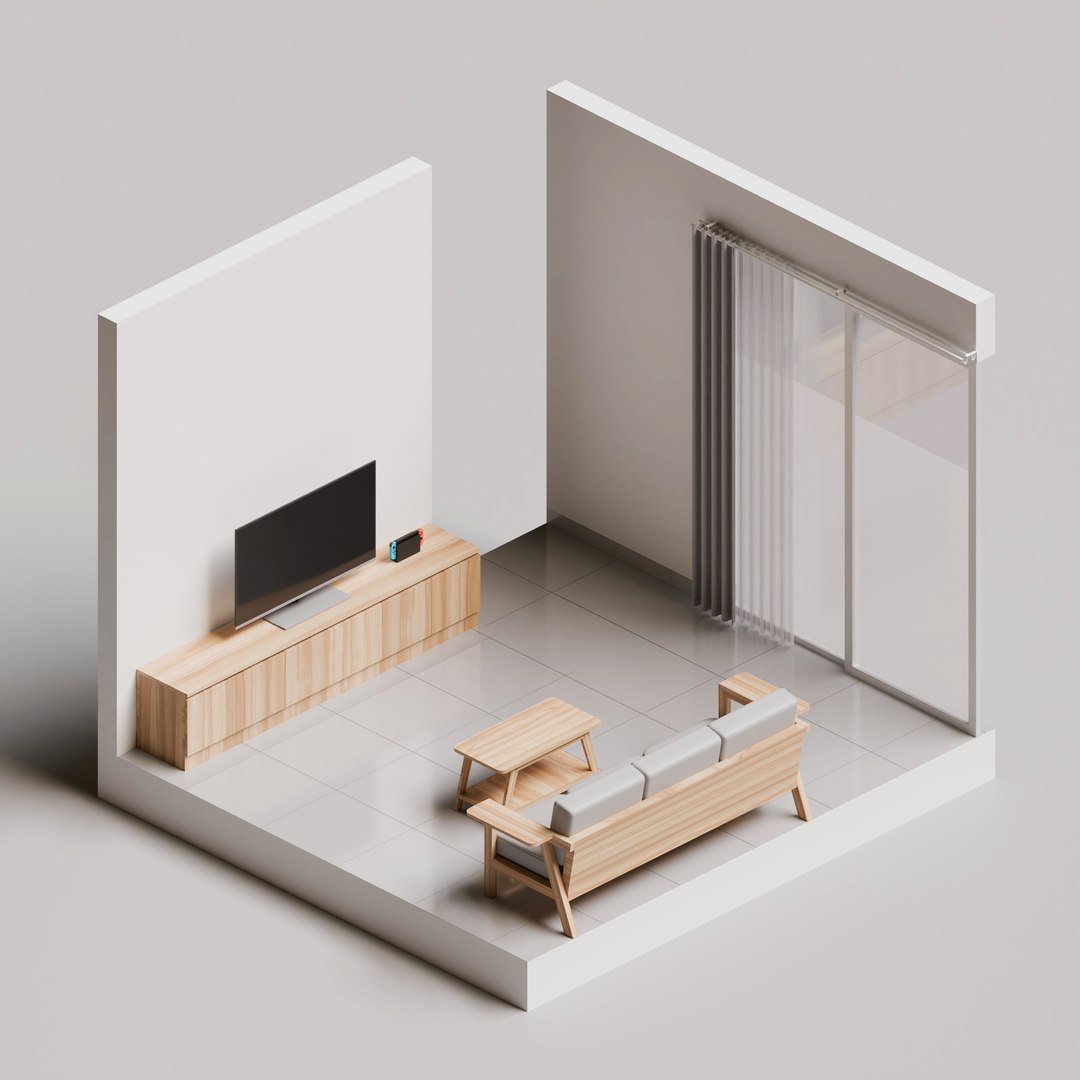 3D Isometric Living Room Interior 3D Render Illustration Model ...