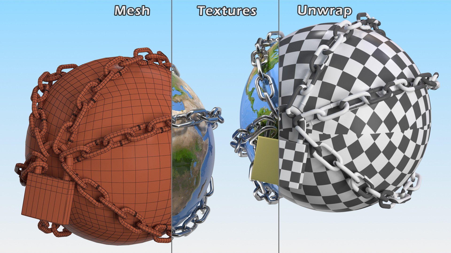 3D stylized chains lock earth world - TurboSquid 1699076