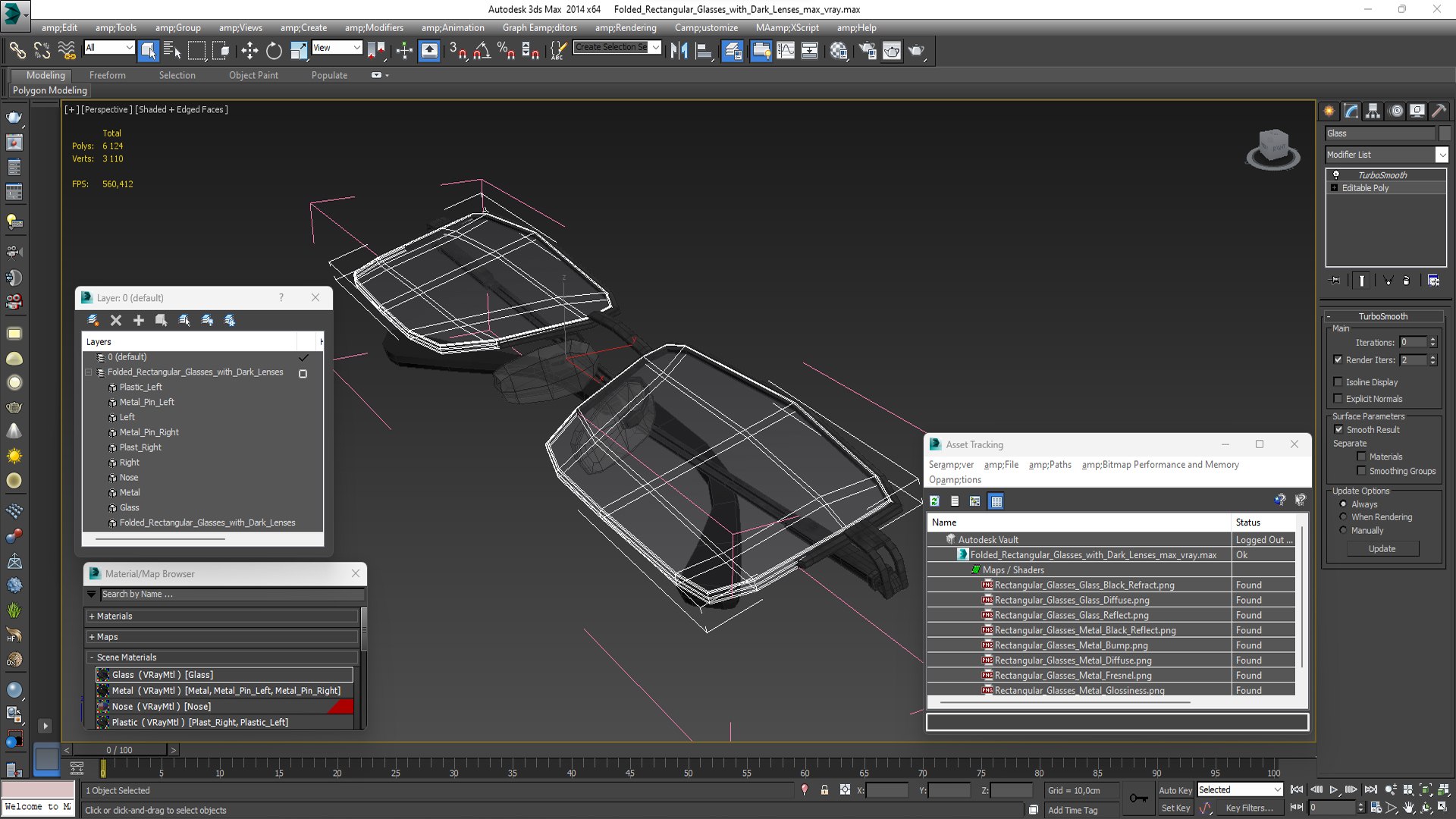 3D Model Folded Rectangular Glasses With Dark Lenses - TurboSquid 2146510