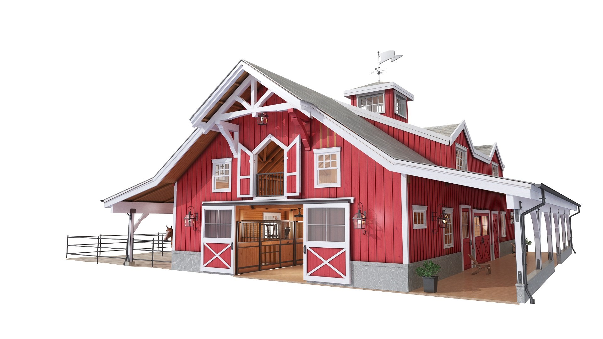 3D Red Horse Farm Barn With Horses Model - TurboSquid 2229552