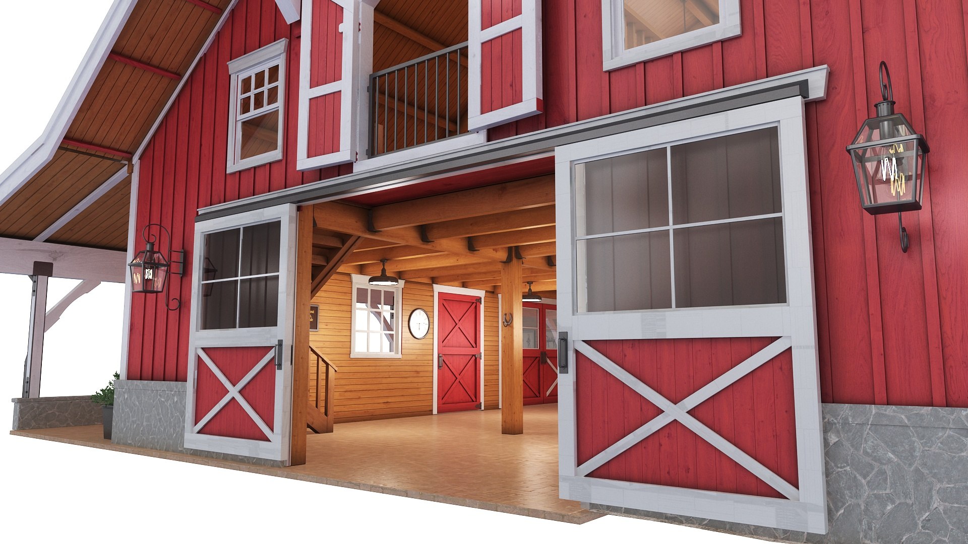 3D Red Horse Farm Barn With Horses Model - TurboSquid 2229552