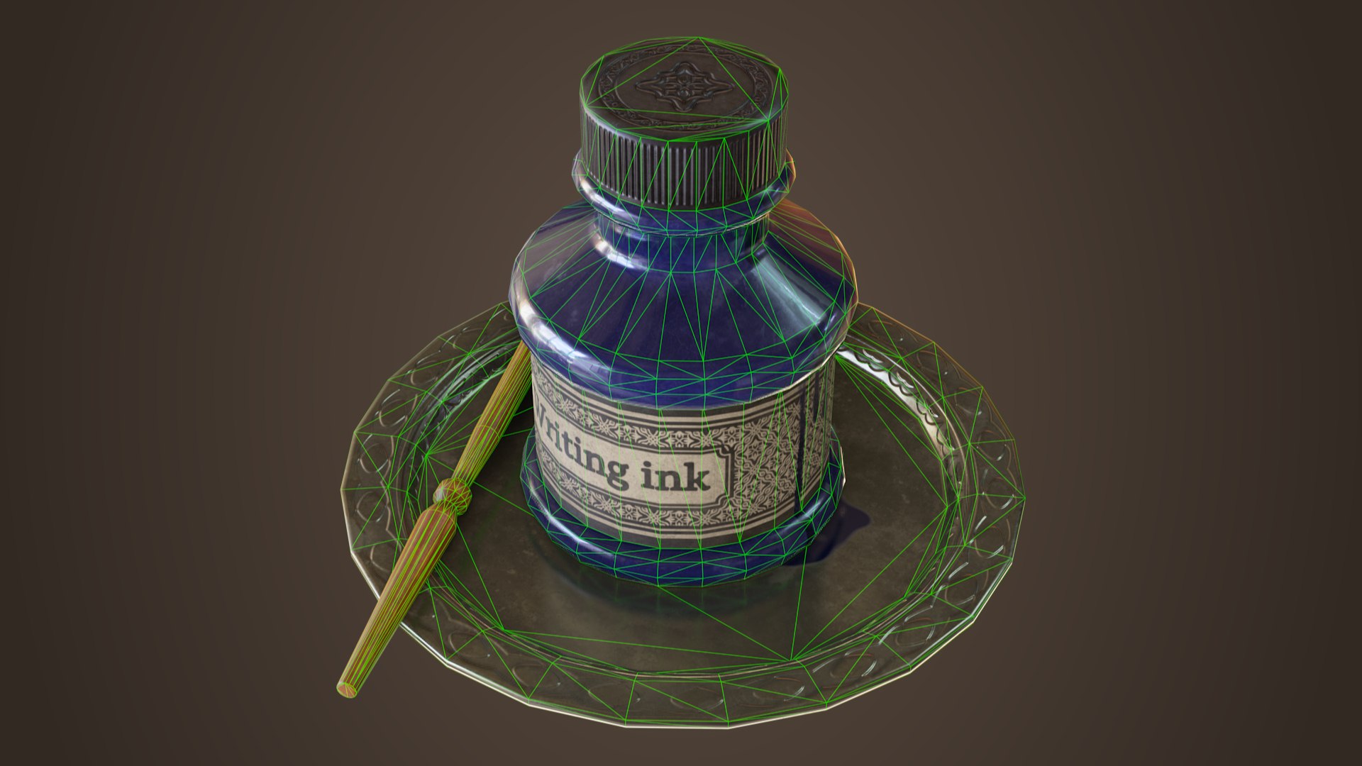 3D Vintage old inkwell and ink pen - TurboSquid 2053431
