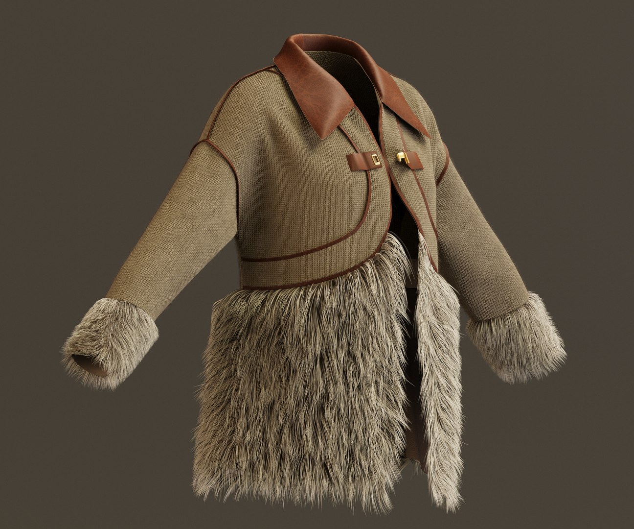 Womens Coat With Textured Fabric And Leather Collar Trim Featuring A ...