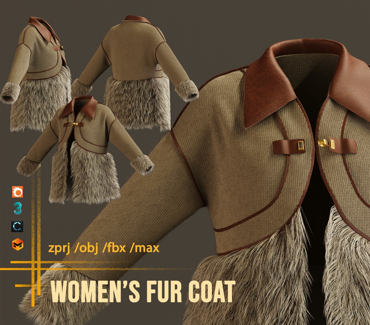 Womens Coat With Textured Fabric And Leather Collar Trim Featuring A ...