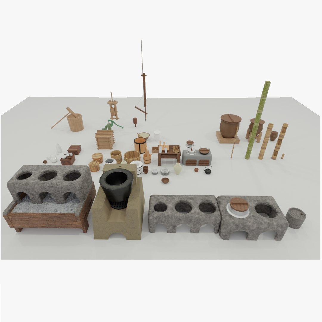 3D 58 sets of eqipments and tools in old Japanese kitchen 3D model ...