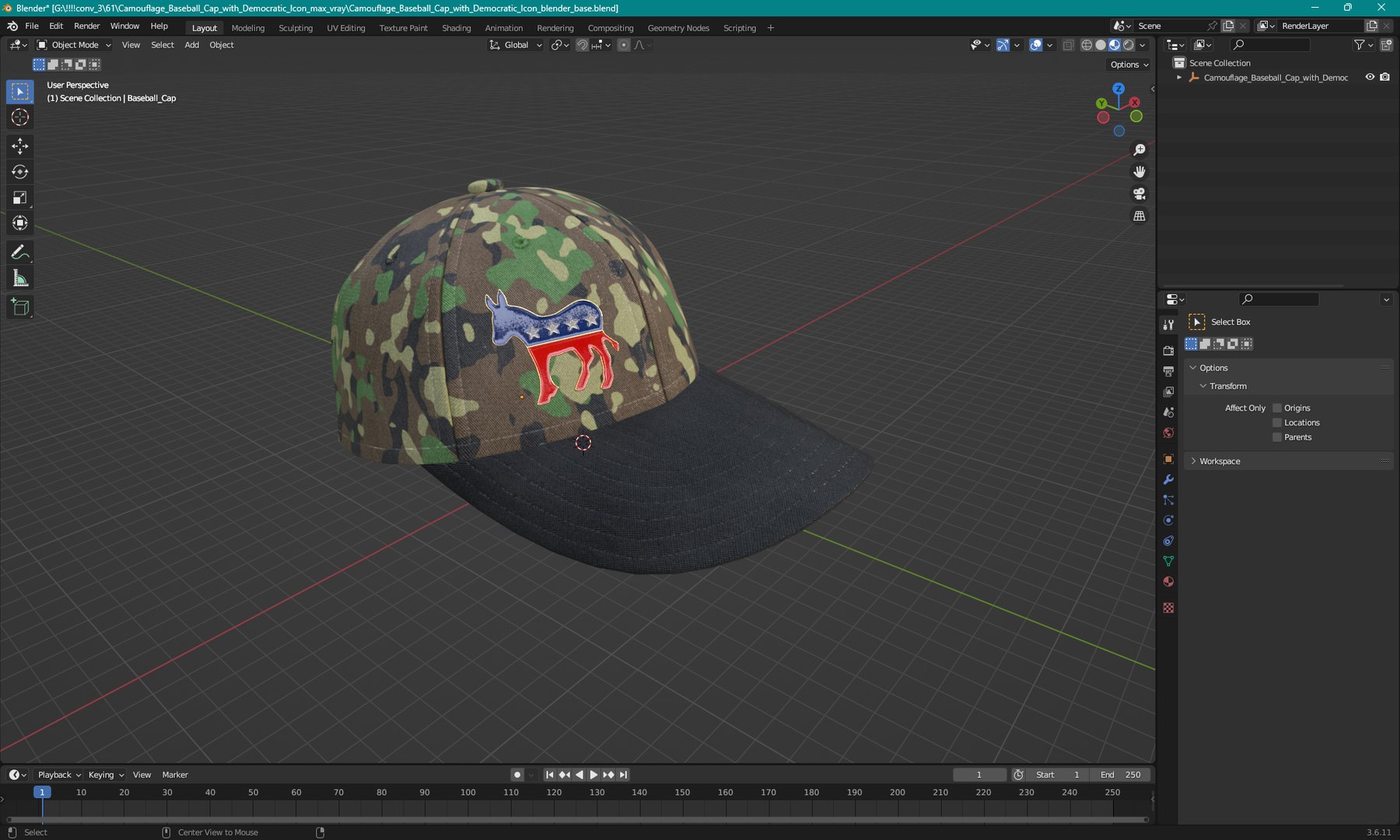 Camouflage Baseball Cap With Democratic Icon 3D Model - TurboSquid 2319399