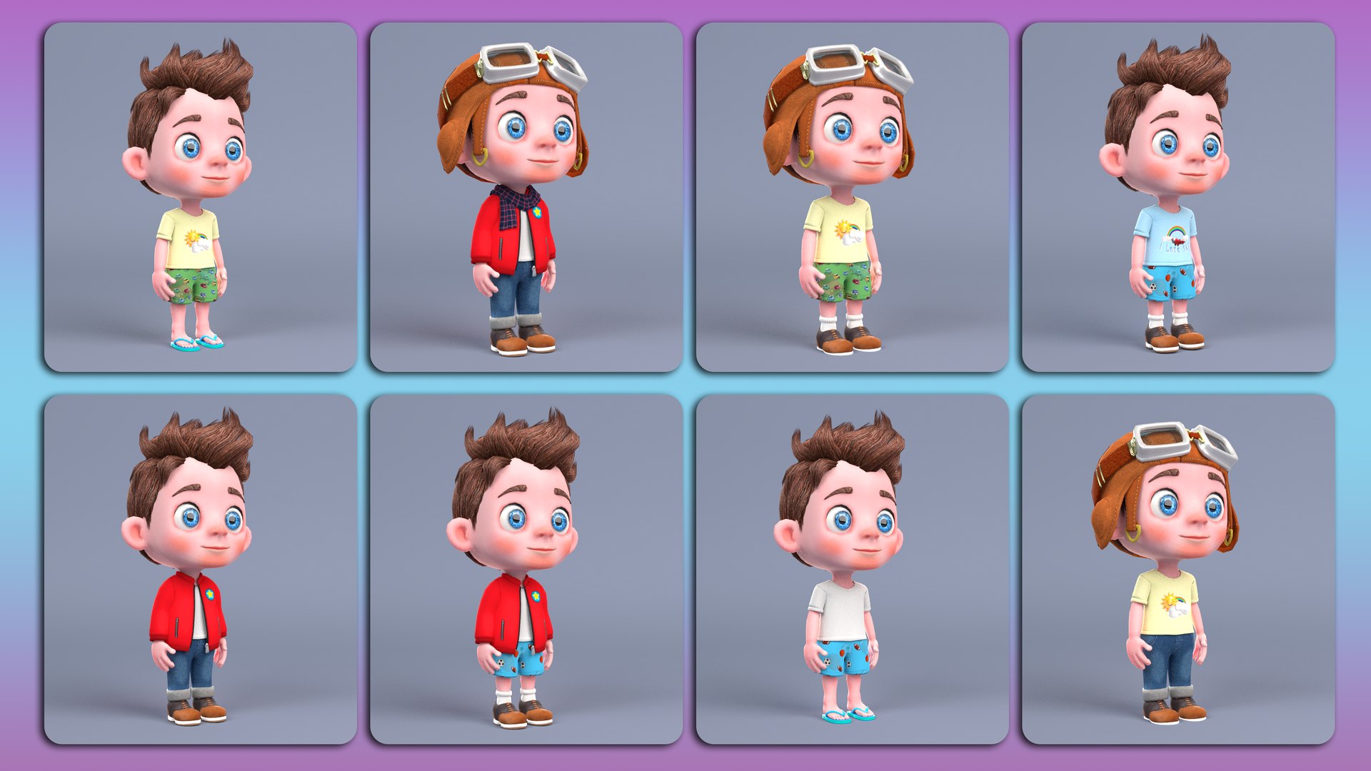 Rigged Low Poly Boy Cartoon Character With 20 Different Outfits 3D ...