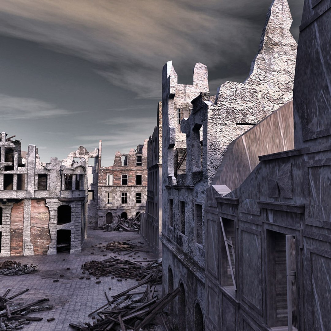 3d model of town destroyed bombing