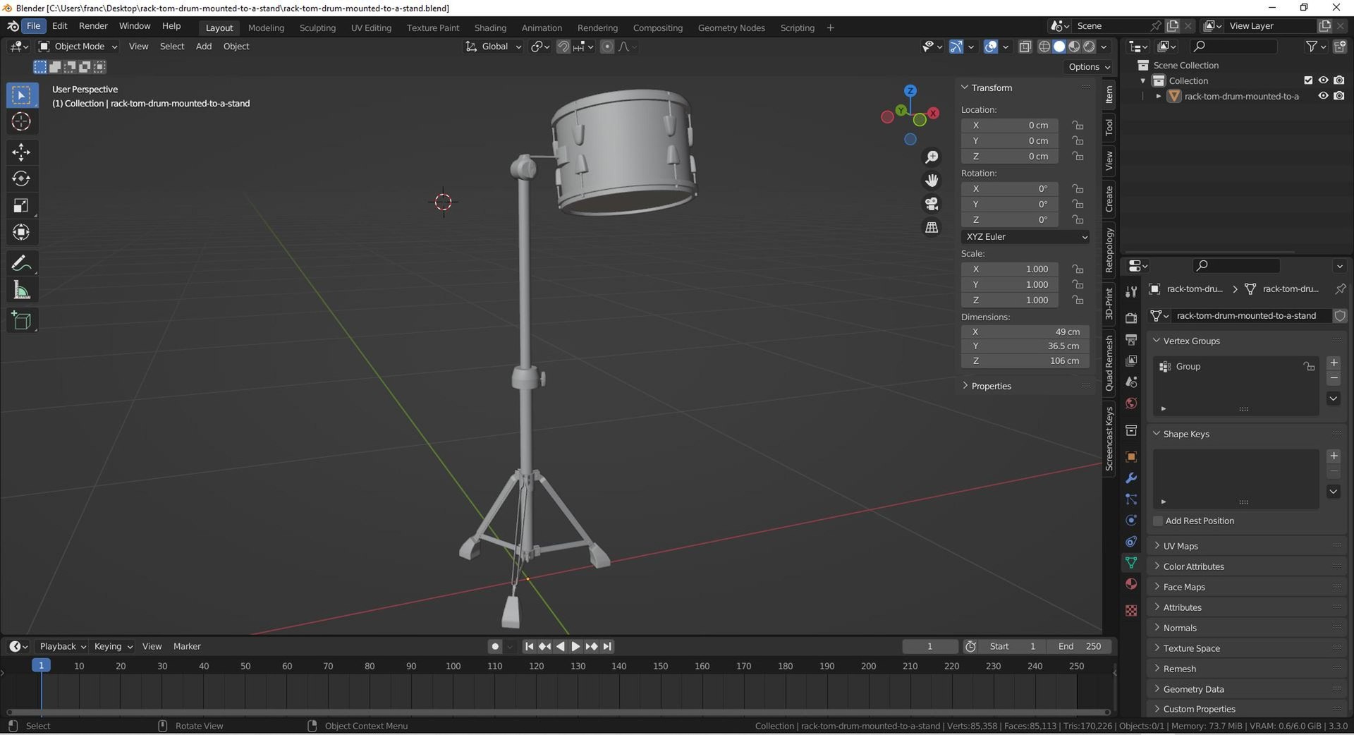 3D Rack Tom Drum Mounted To A Stand Model - TurboSquid 2023196
