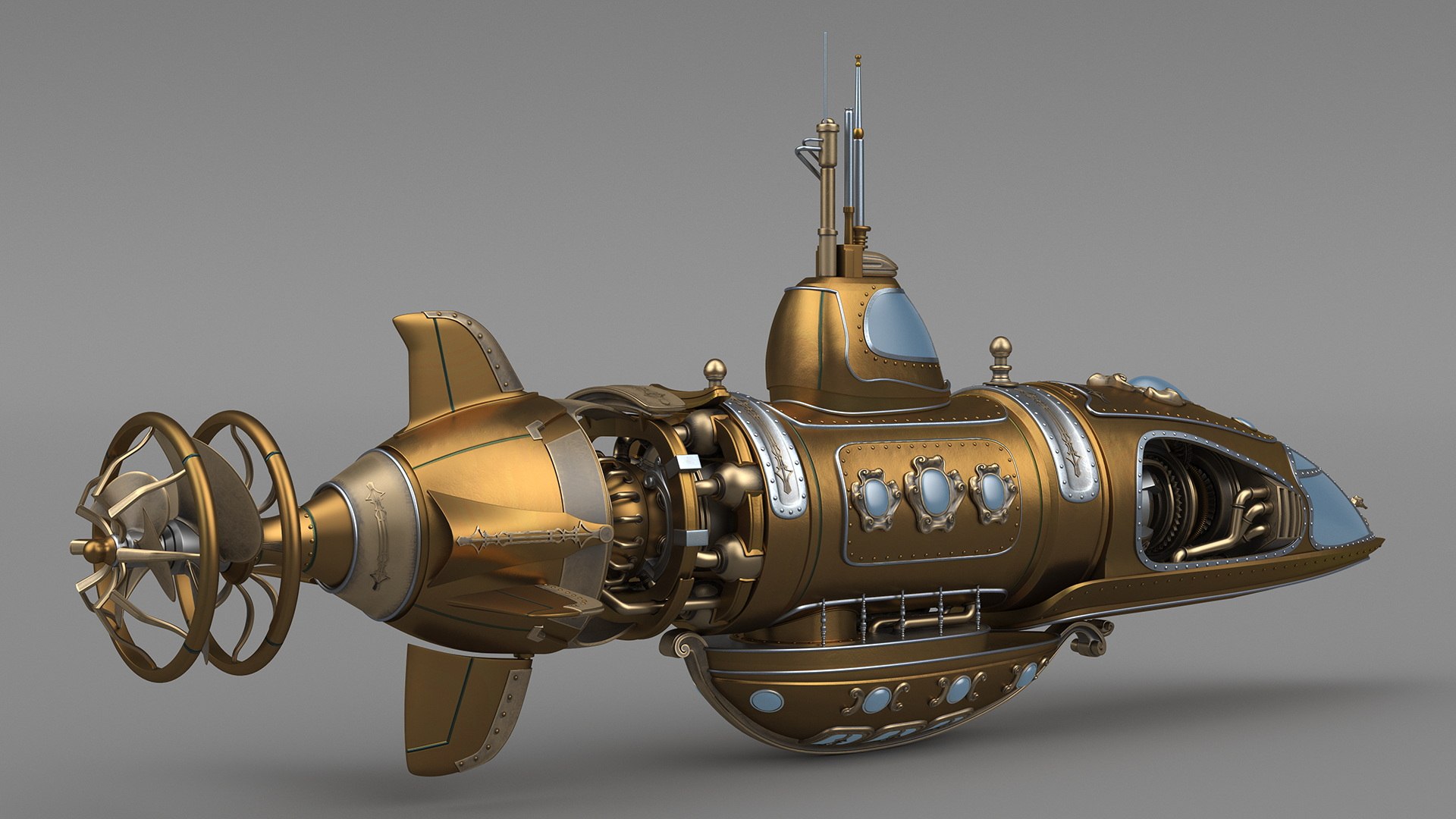 3D Model Fantastic Steampunk Submarine Bronze Rigged - TurboSquid 2219809
