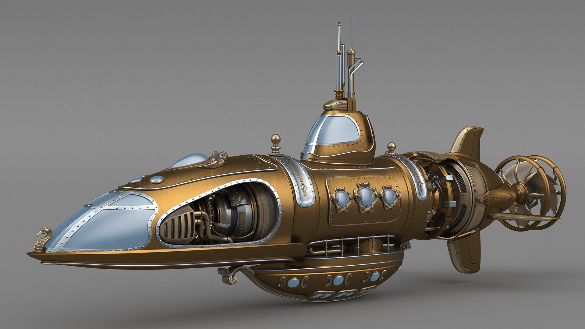 3D Model Fantastic Steampunk Submarine Bronze Rigged - TurboSquid 2219809