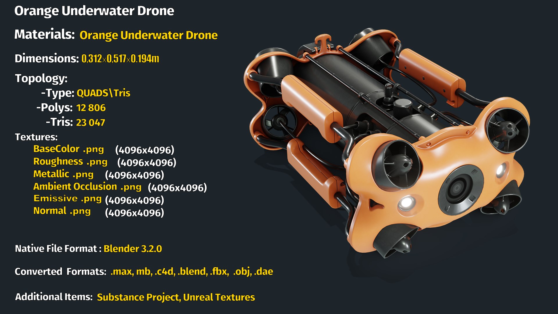 Orange Underwater Drone 3D model - TurboSquid 1921789