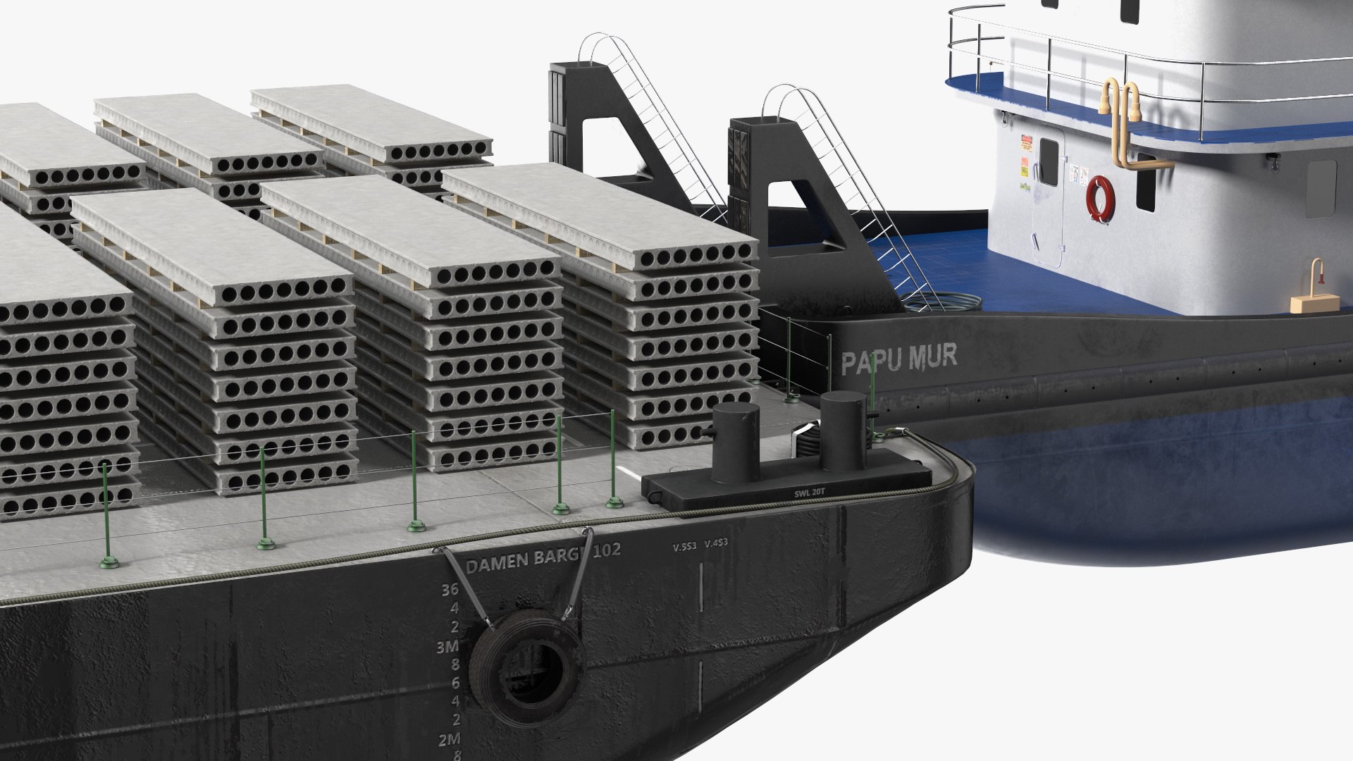 Push Boat Ship with Pontoon Barge Loaded Concrete Slab model ...