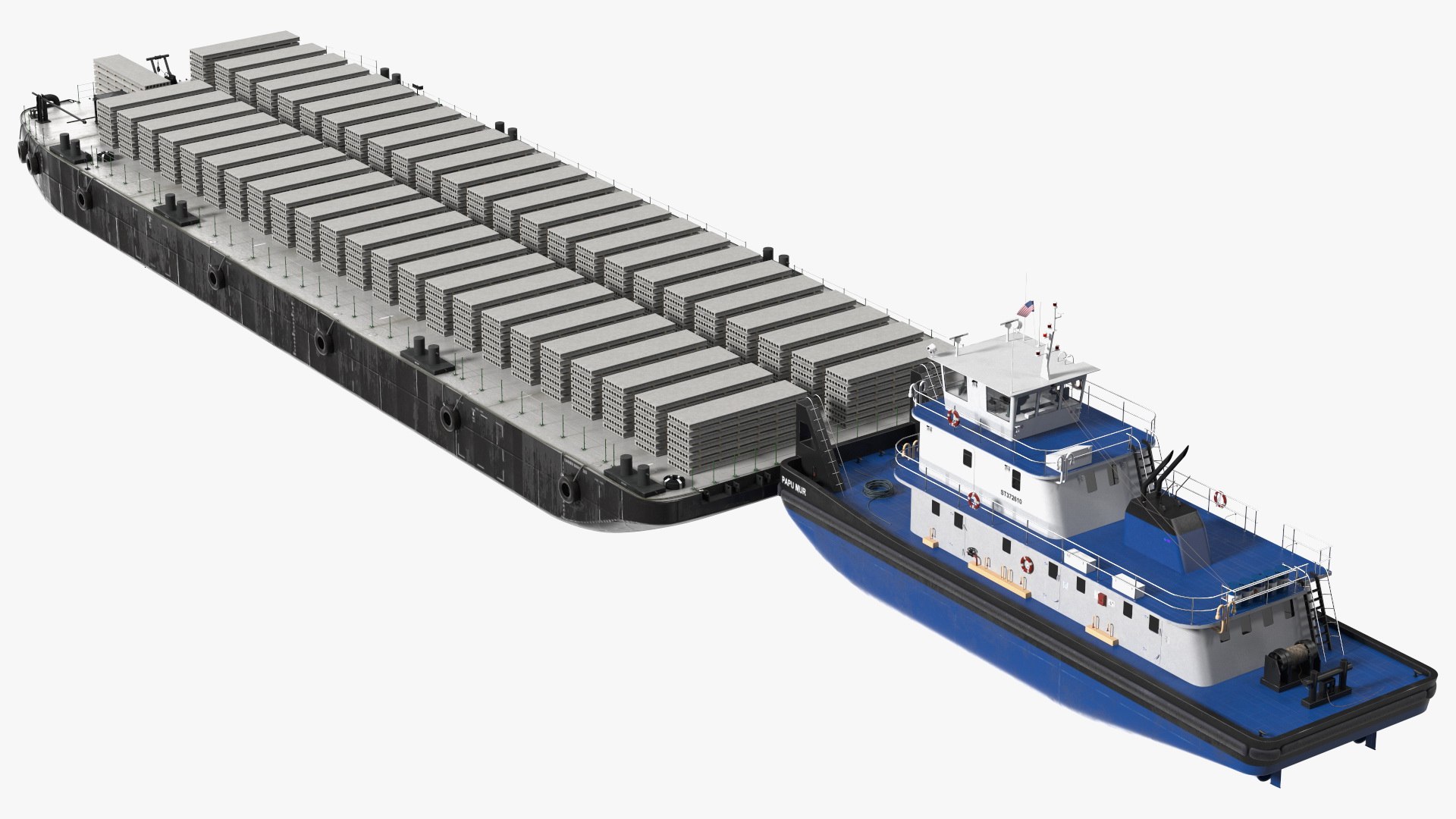 Push Boat Ship with Pontoon Barge Loaded Concrete Slab model ...
