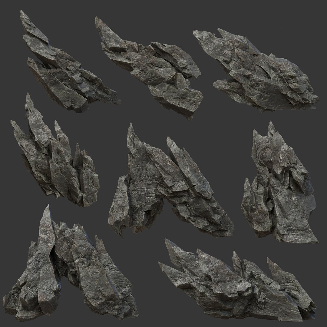 3D 8 Low Poly PBR Scifi Black Sharp Rock - TurboSquid 2163542