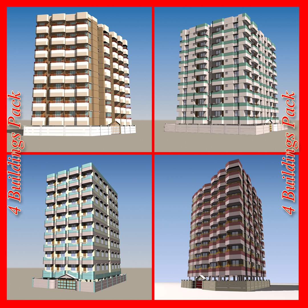 3d Model Of Pack 4 Apartment Buildings